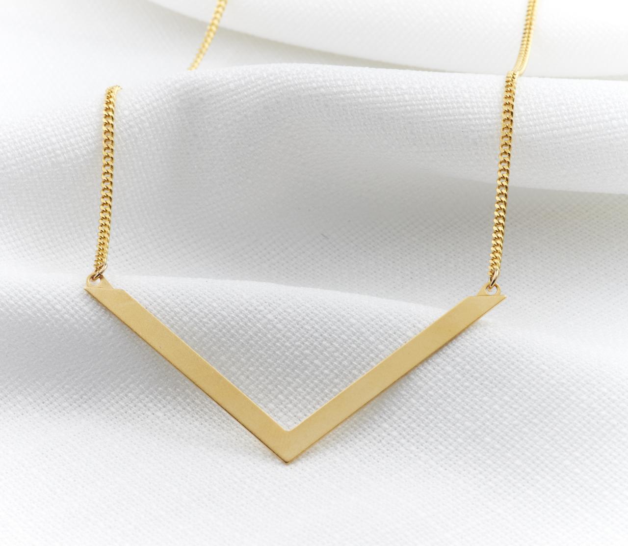 Gold Long Necklace - Gold Geometric Necklace, Chevron Necklace, Brass ...